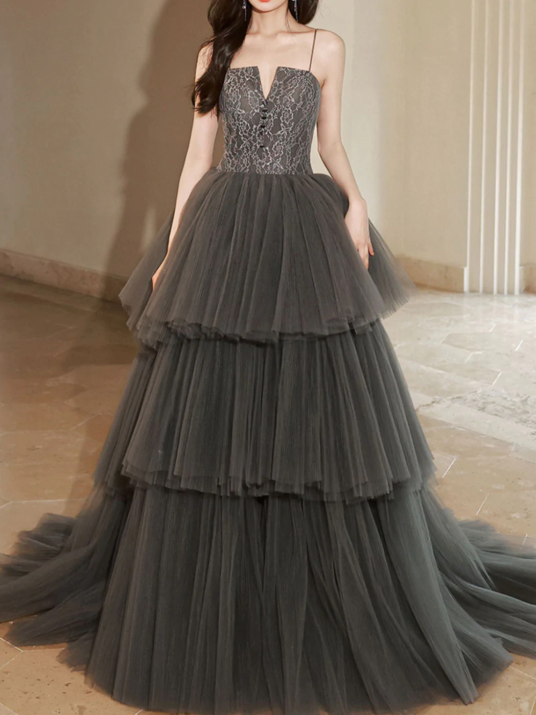 Gray Lace Long Prom Dresses, Lace Formal Gray Graduation Dresses on Luulla