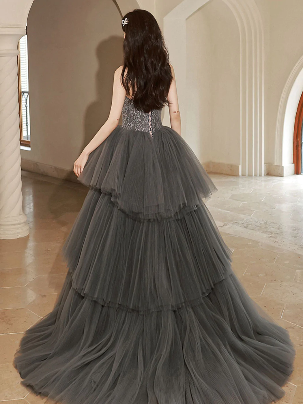 Gray Lace Long Prom Dresses, Lace Formal Gray Graduation Dresses on Luulla