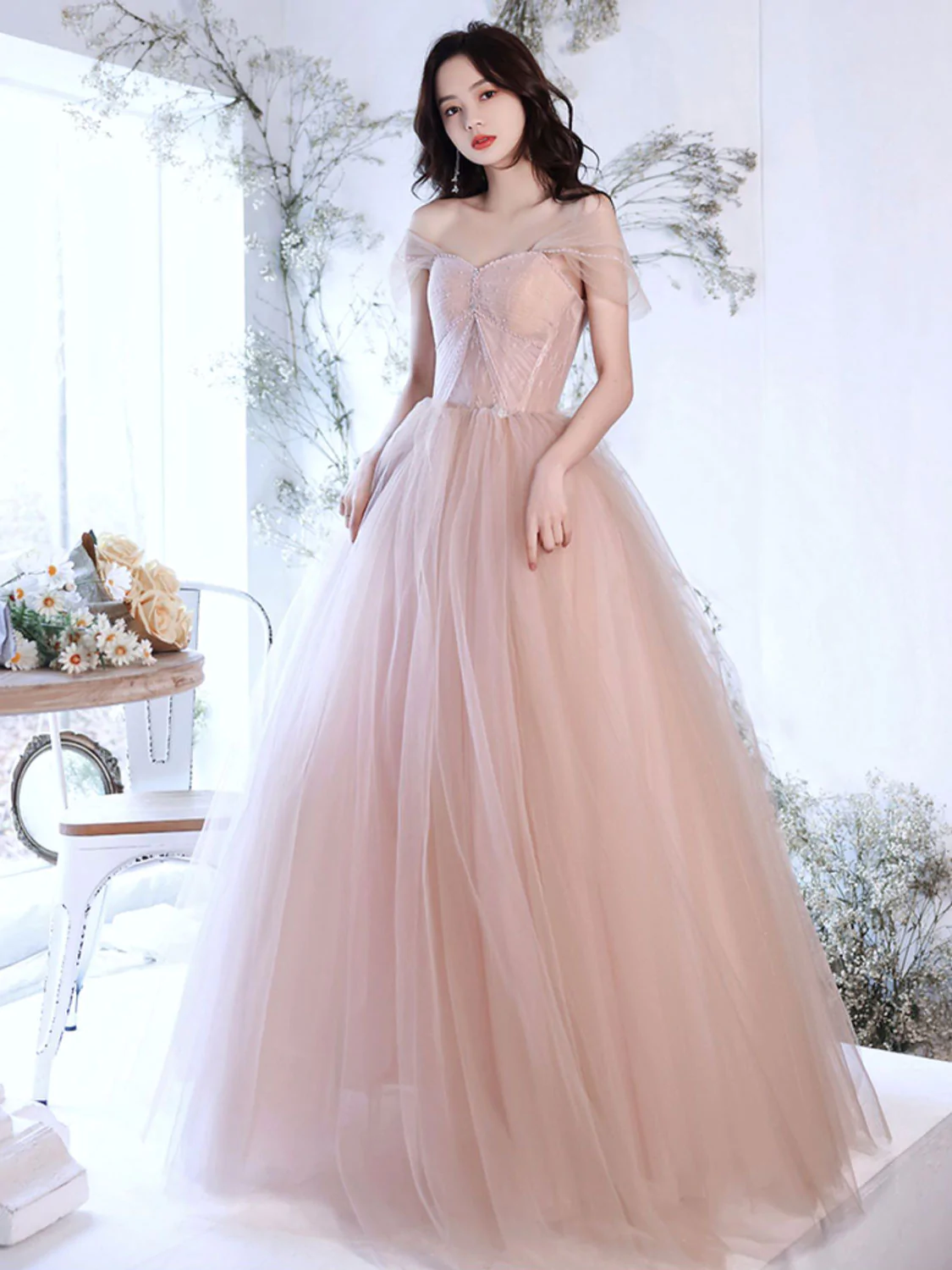 A Line Off Shoulder Pink Long Prom Dress, Pink Graduation Dress With ...