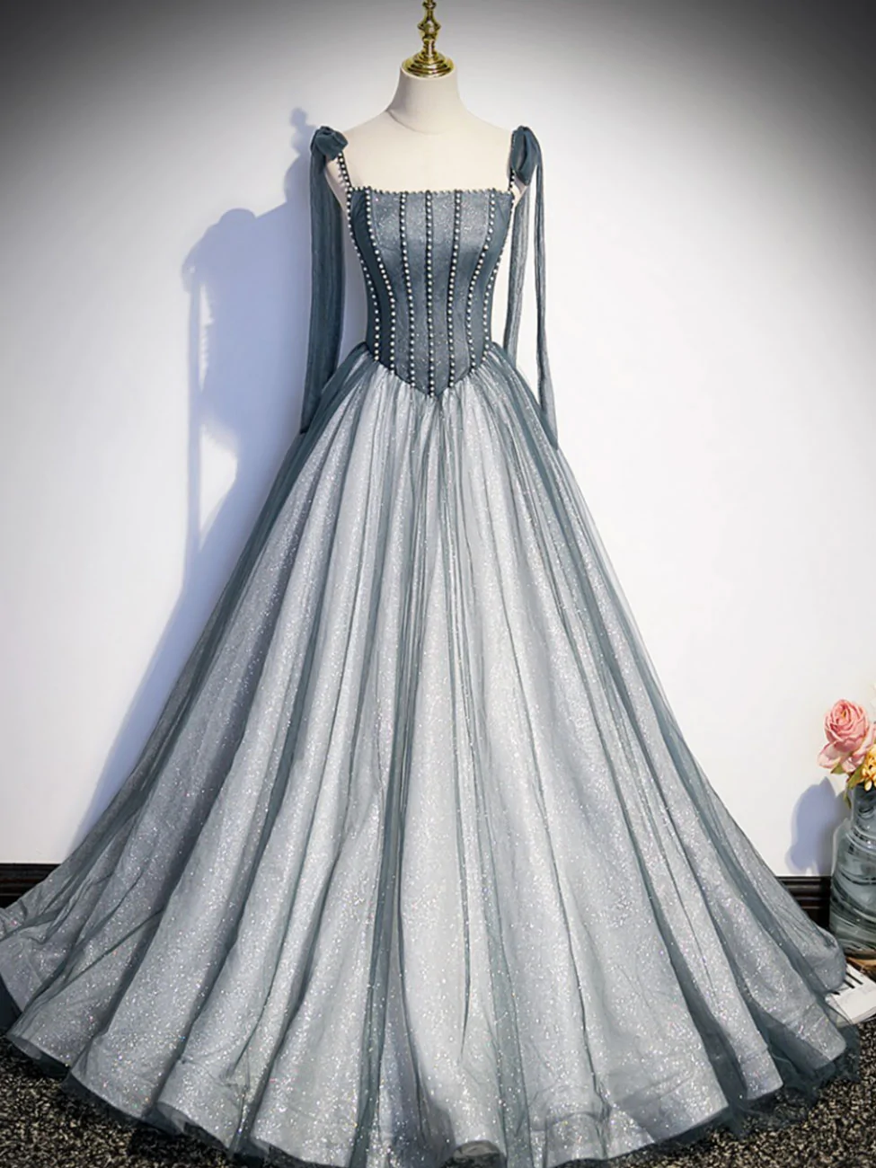 A Line Gray Long Prom Dresses, Tulle Gray Formal Graduation Dress With ...