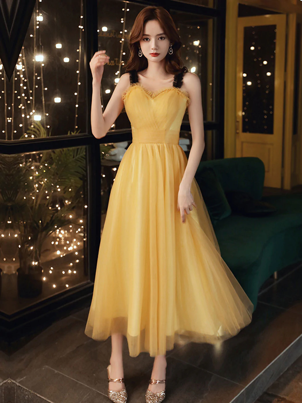 Simple Yellow Sweetheart Neck Tea Length Prom Dress, Yellow Formal ...