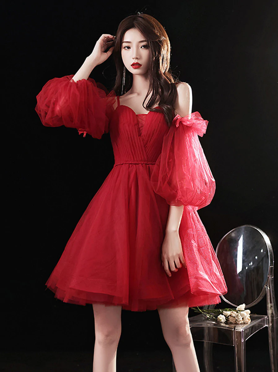 Red Sweetheart Neck Tulle Short Prom Dress, Puffy Red Homecoming ...