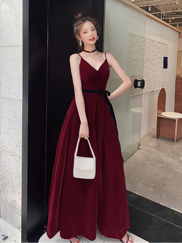 Simple Burgundy Velvet Long Prom Dresses Burgundy Long Formal