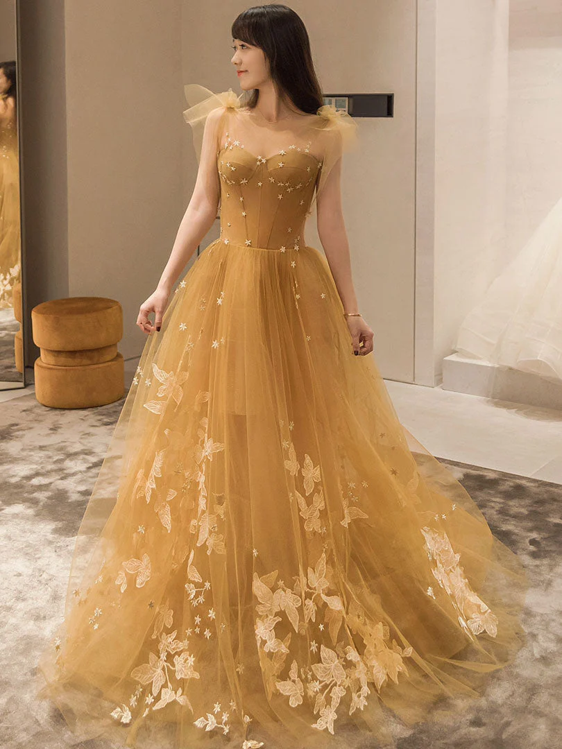 Elegant Tulle Lace A Line Long Prom Dress, Tulle Lace Graduation ...