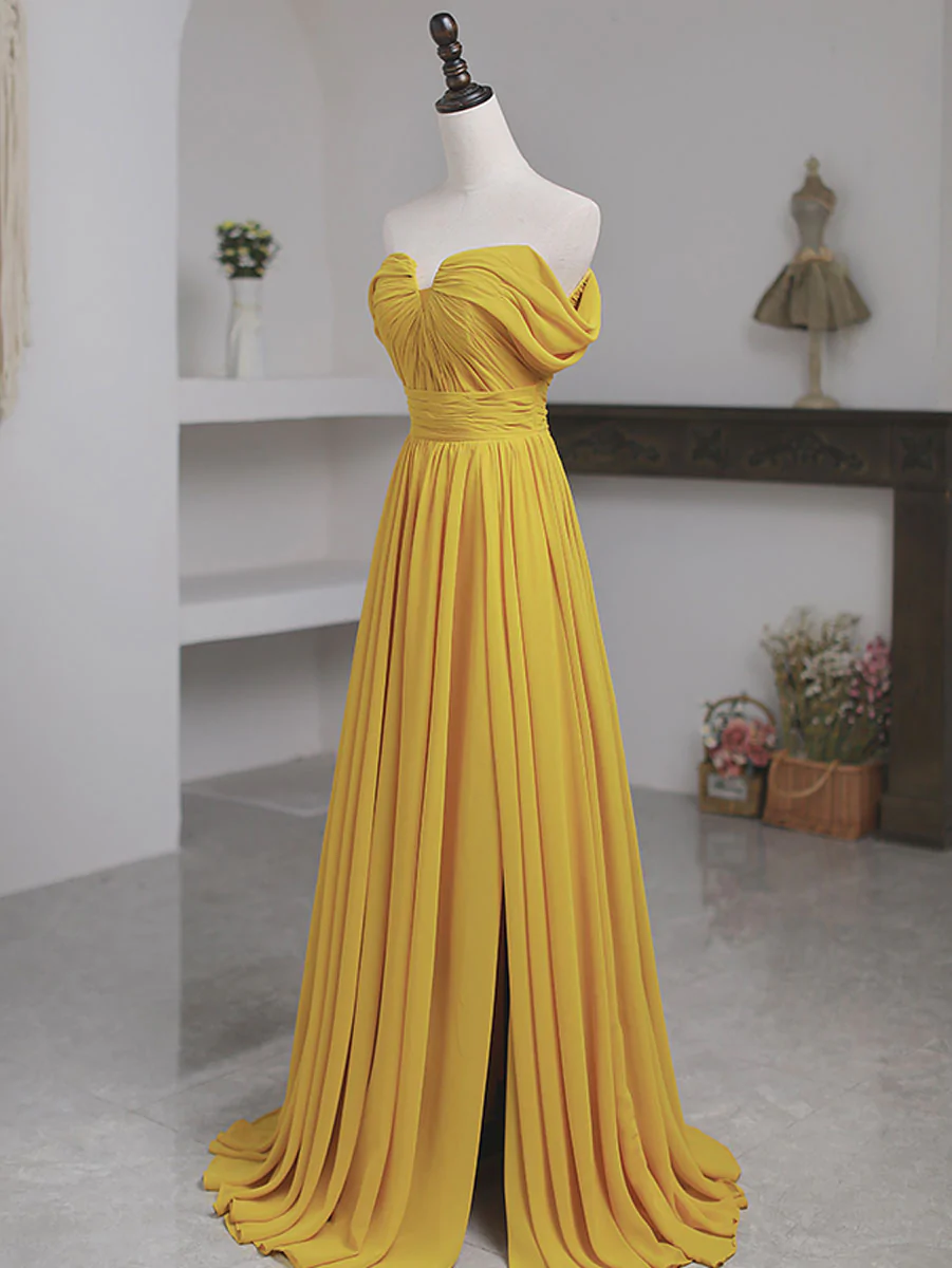 Simple Yellow Off Shoulder Long Prom Dress, Yellow Chiffon Graduation ...