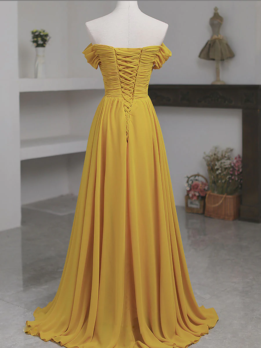 Simple Yellow Off Shoulder Long Prom Dress, Yellow Chiffon Graduation ...