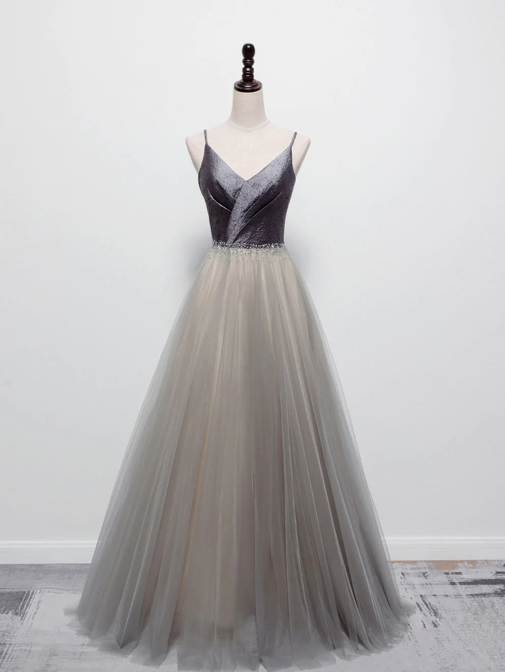 Simple Gray V Neck Tulle Long Prom Dress, Gray A Line Gray Formal ...