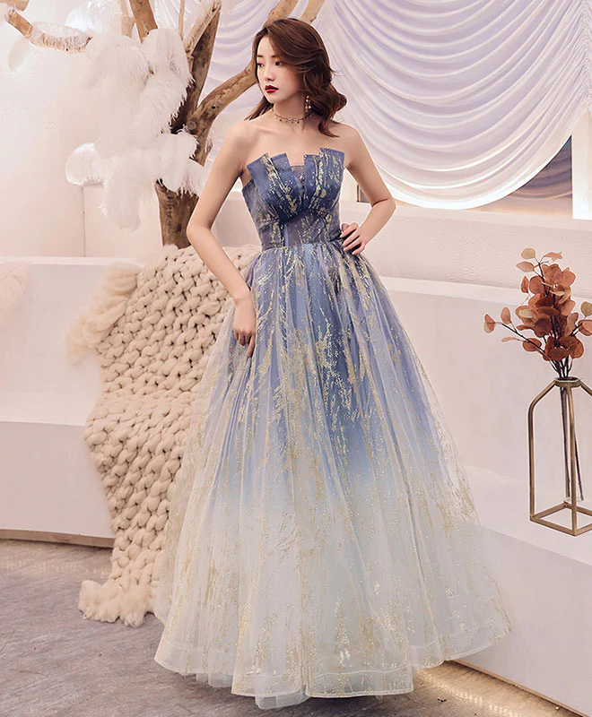 Unique Blue Tulle Long Prom Dress, Blue Evening Graduation Dresses on ...