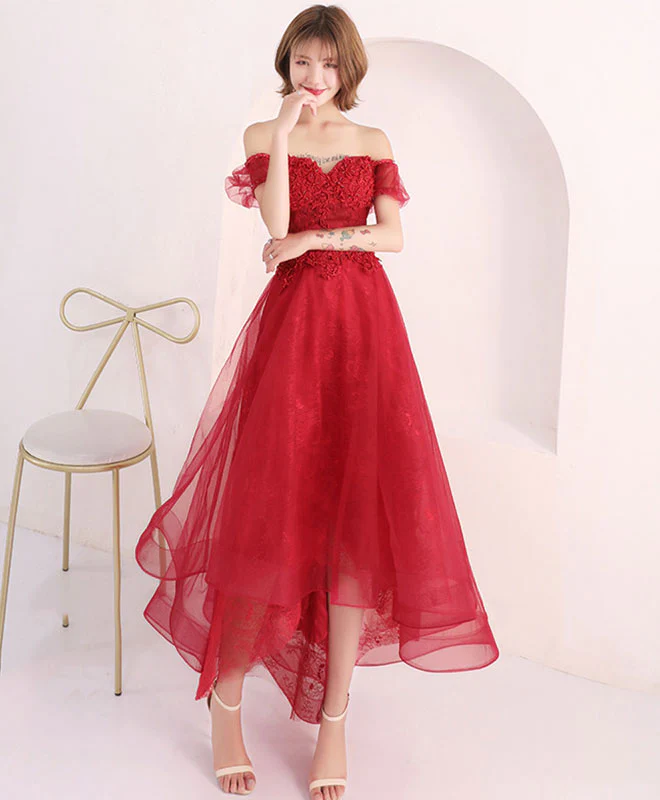 Burgundy Lace Short Prom Dress, Burgundy Evening Dress on Luulla