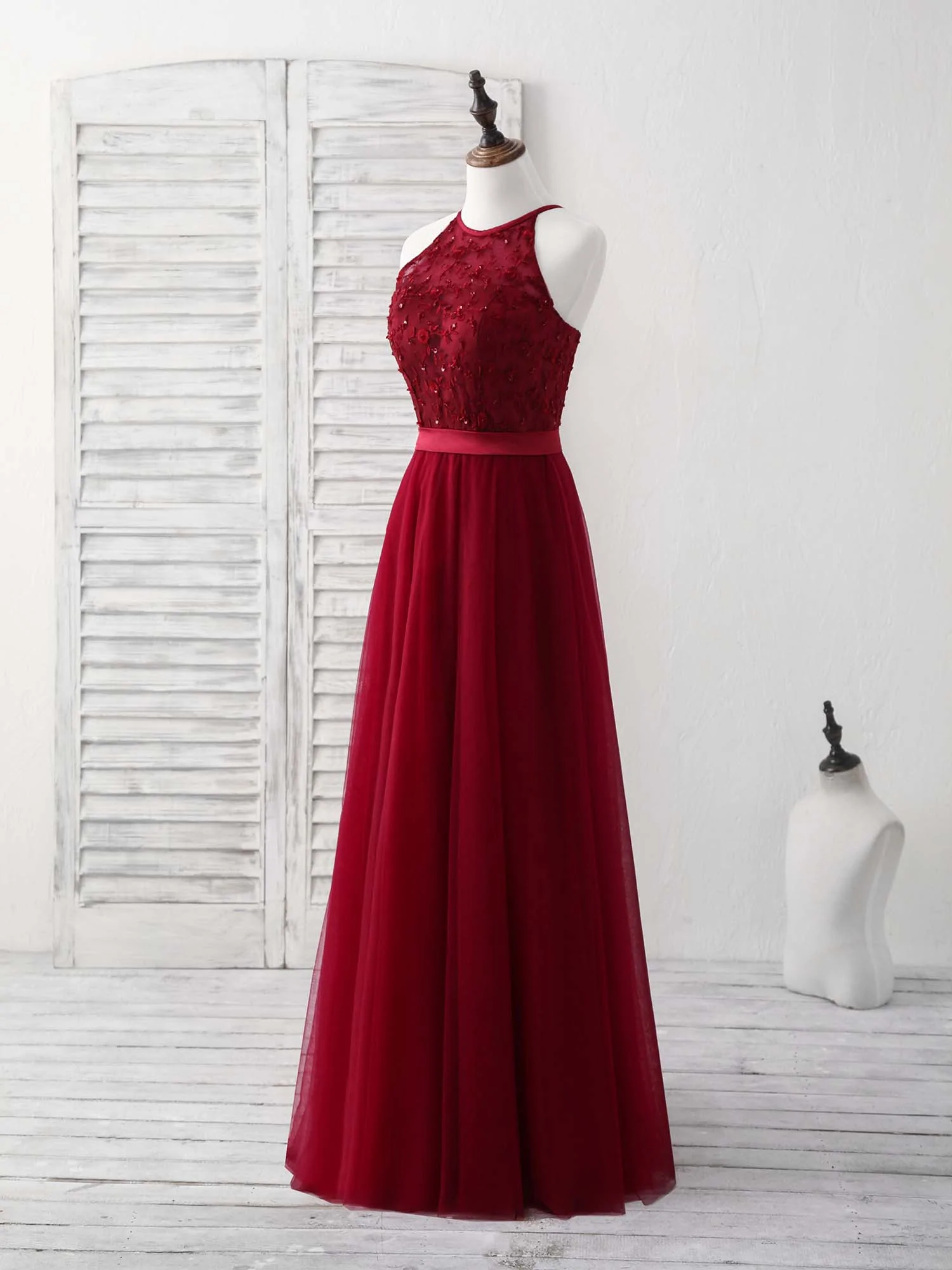 Burgundy Tulle Lace Long Prom Dress, Burgundy Bridesmaid Dress on Luulla