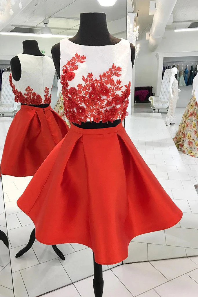 Cute Red Two Pieces Appliqued Satin Homecoming Dress on Luulla