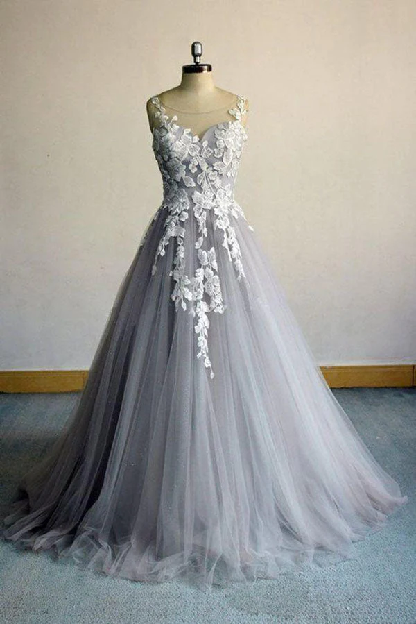 Silver Grey A Line Lace Formal Evening Dresses Appliques Tulle Long ...