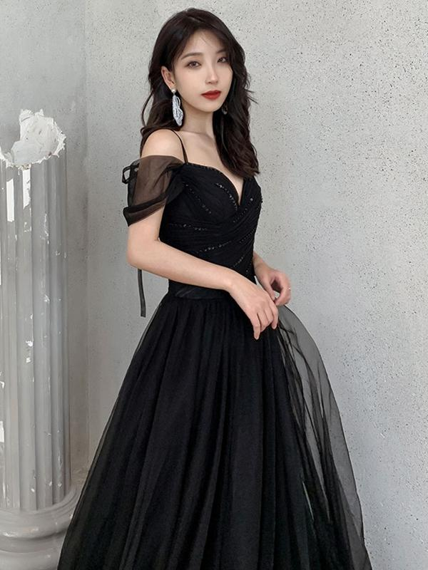 Off The Shoulder Black Long Prom Dresses, Black Off Shoulder Formal ...