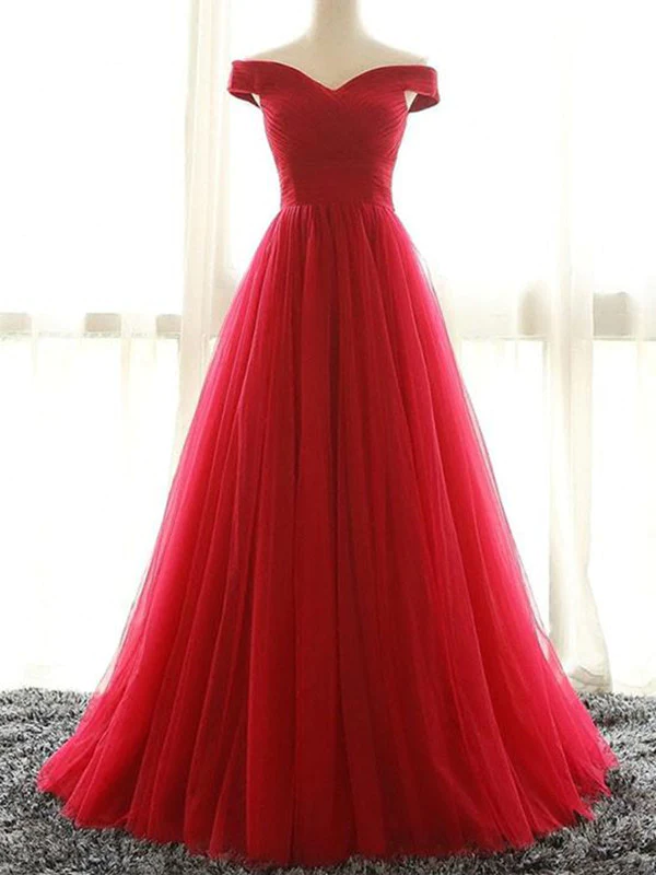 Red A Line Off Shoulder Floor Length Tulle Prom Dress, Off Shoulder ...