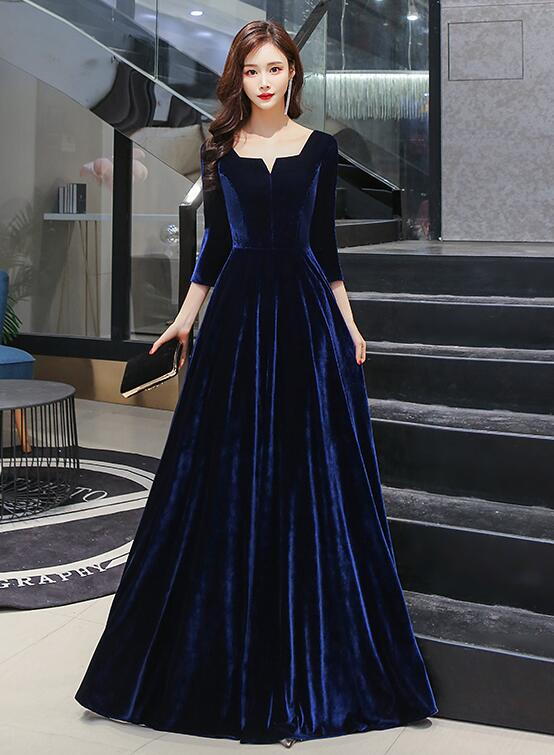 Navy Blue Velvet Long A-line Simple Style Bridesmaid Dresses, Elegant ...
