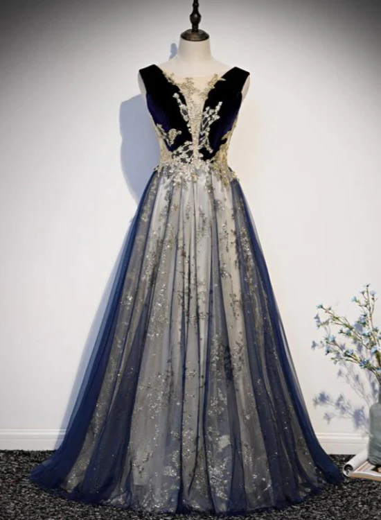 Beautiful Blue Velvet And Lace Tulle Long Low Back Party Dress, Blue A ...