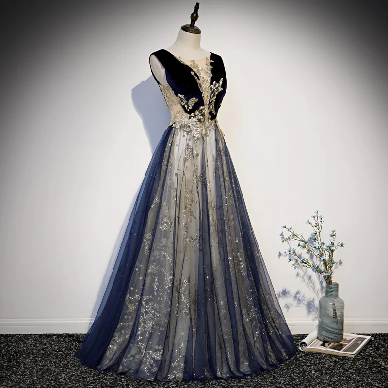 Beautiful Blue Velvet And Lace Tulle Long Low Back Party Dress, Blue A ...