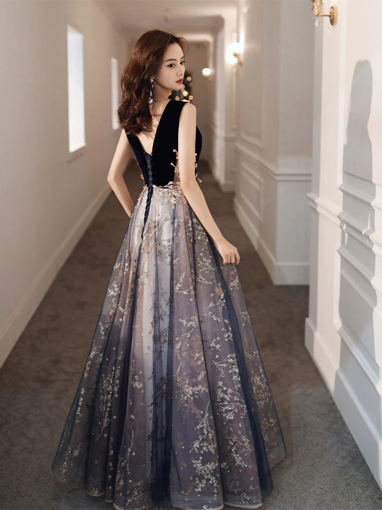 Beautiful Blue Velvet And Lace Tulle Long Low Back Party Dress, Blue A ...