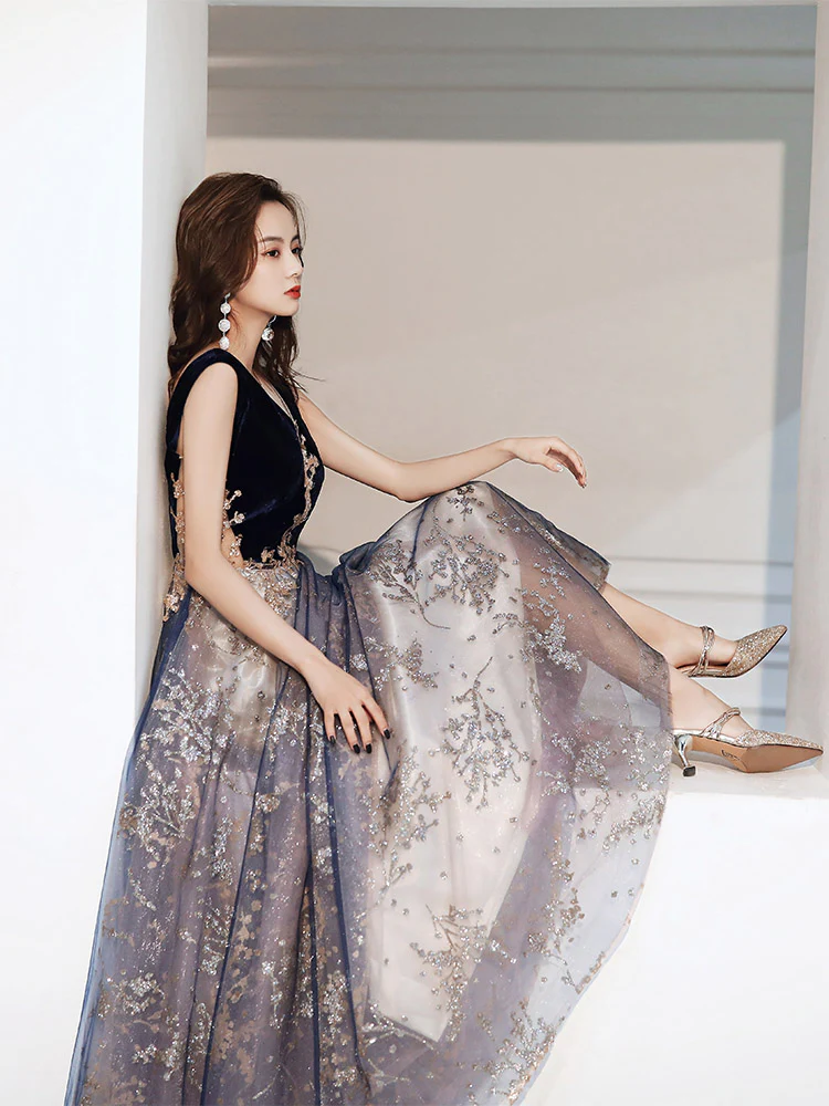 Beautiful Blue Velvet And Lace Tulle Long Low Back Party Dress, Blue A ...