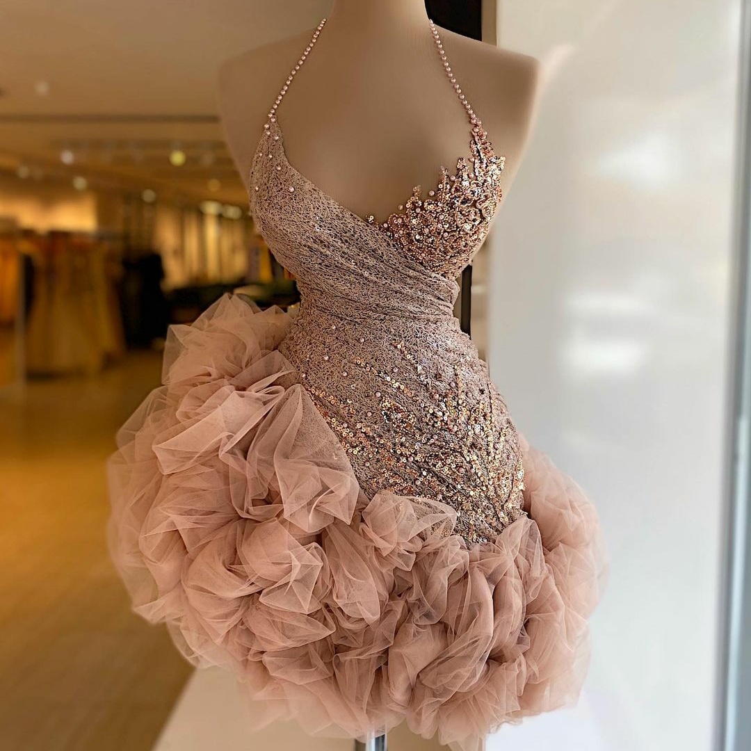 Chic Beaded Lace Mini Cocktail Dresses Sexy Ruffled Tulle Halter Short ...