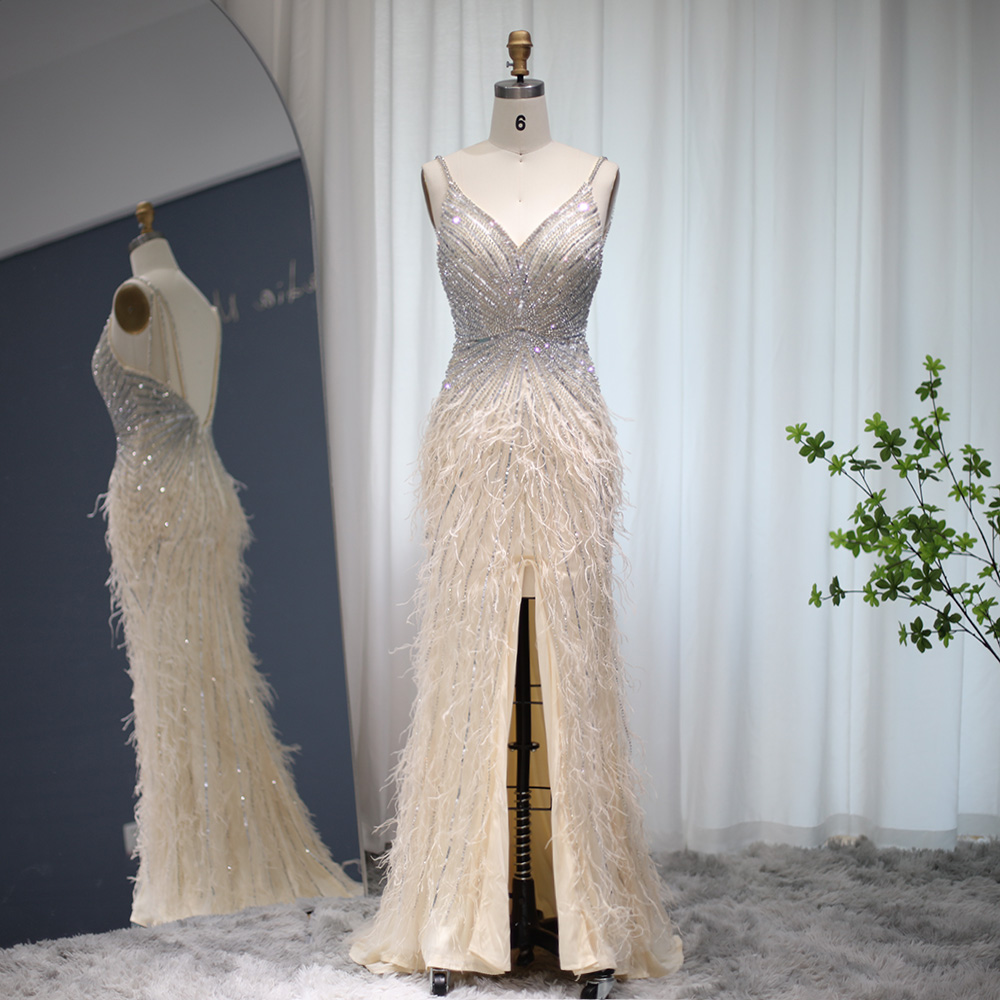 Luxury Beaded Mermaid Feathers Prom Dresses Sexy Spaghetti Straps ...