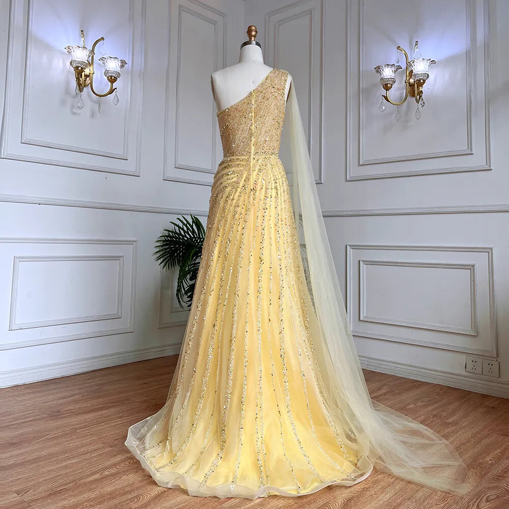 Yellow One-shoulder Cape Sleeve Luxury Beaded Formal Occasion Evening ...