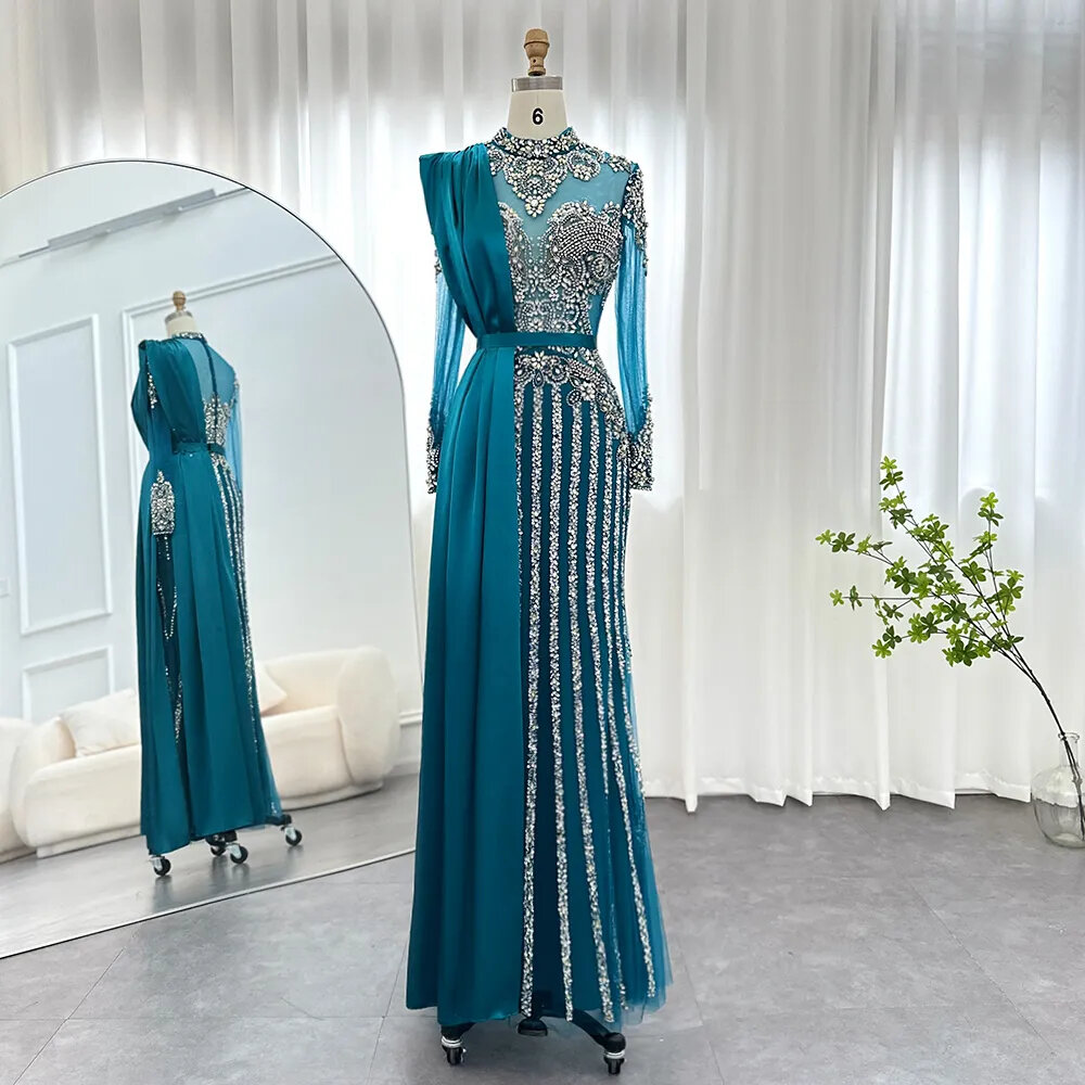Luxury Crystal Dubai Muslim Evening Dress With Overskirt Gray Arabic ...
