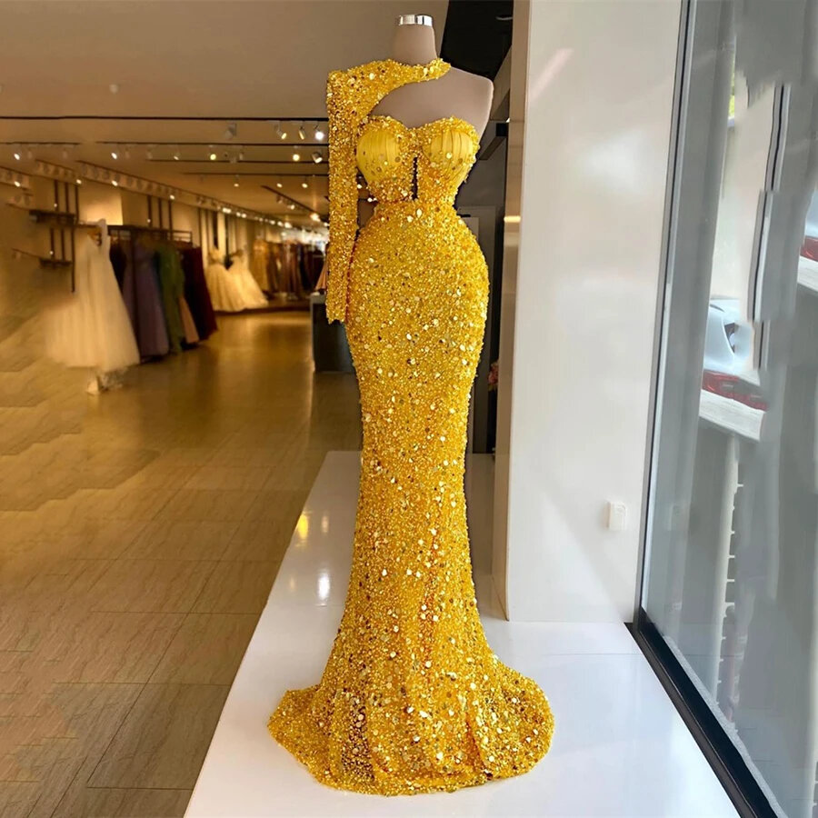 One-shoulder Gold Evening Dresses With Sleeve Luxury Crystals Mermaid ...