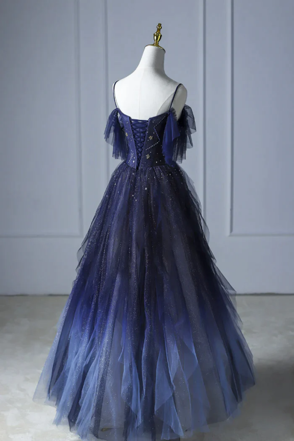Blue Gradient Tulle Long Prom Dress, Beautiful Spaghetti Strap Evening ...