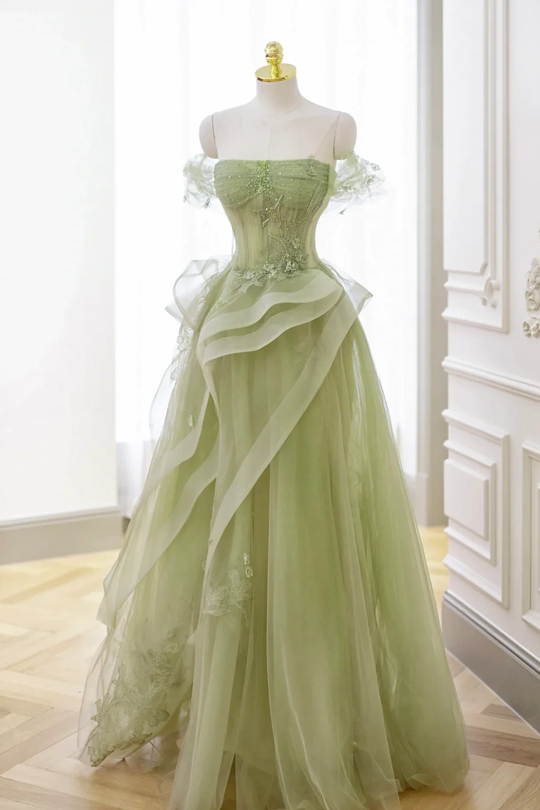 Enchanted Forest Green Tulle Gown With Delicate Embroidery And Sheer ...