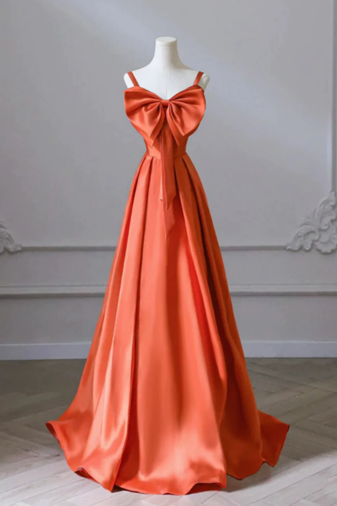 Orange Long Satin Prom Dresses With Bow, Oranage Long Satin Formal ...