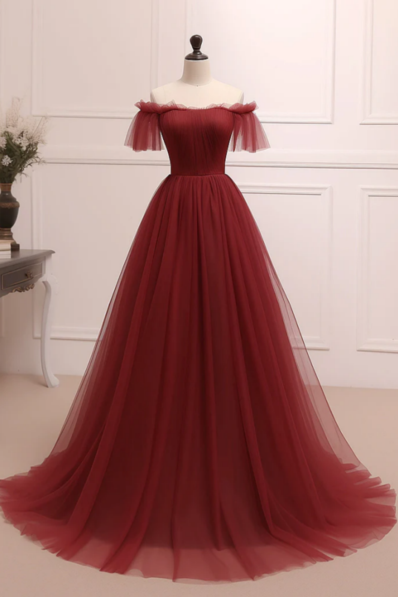 A Line Burgundy Tulle Long Prom Dress, Burgundy Long Evening Dress on ...