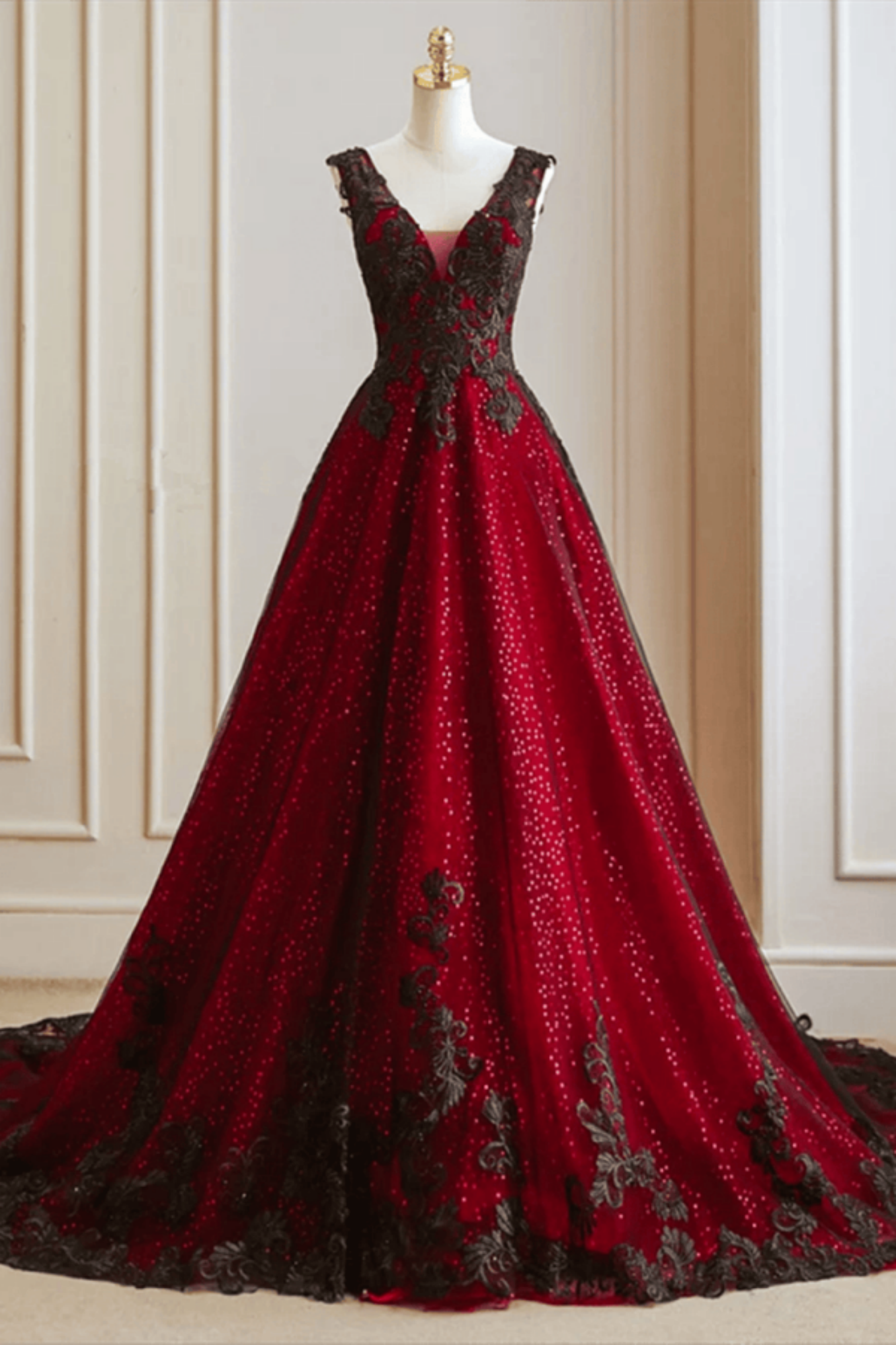 Black And Red V Neckline Tulle Long Formal Dress, Black And Red Party ...