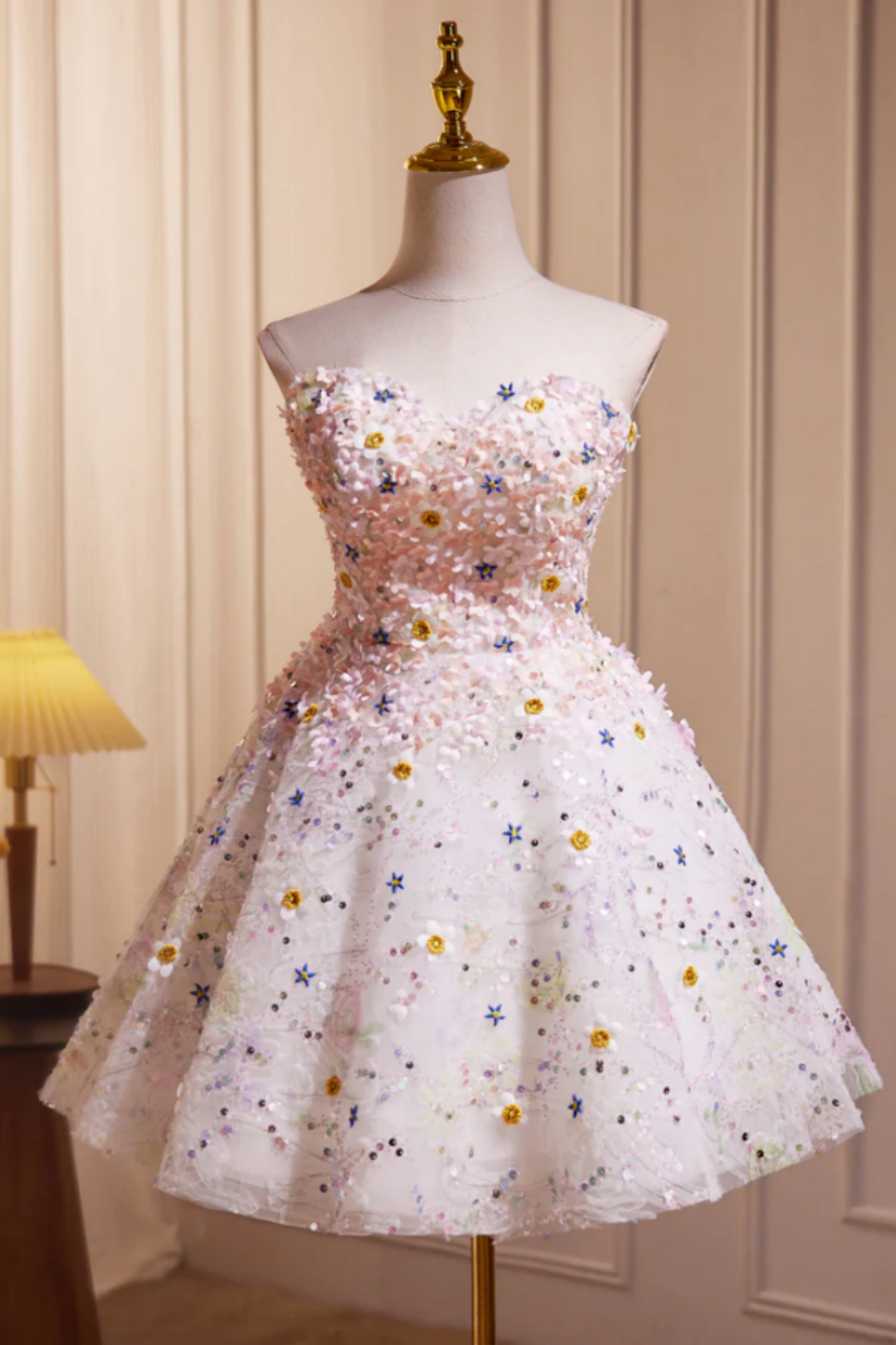 A Line Sweetheart Neck Tulle Flower Light Pink Short Prom Dress, Light ...