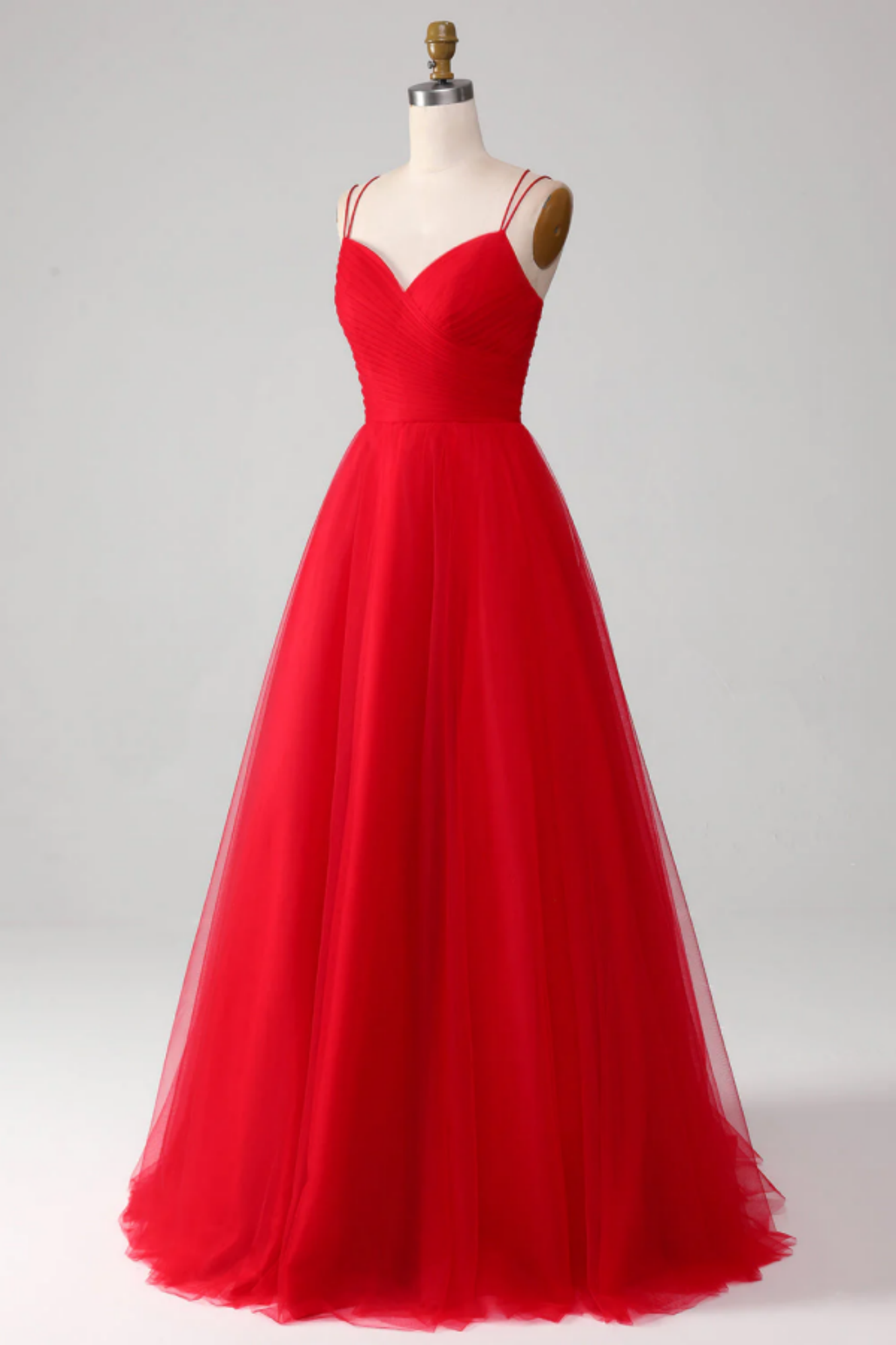 Red Ball Gown Princess V Neck Tulle Pleated Long Prom Dress on Luulla