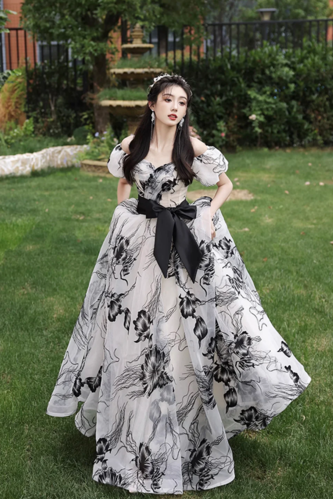 Beautiful Black Print A Line Princess Dresses With Bow on Luulla
