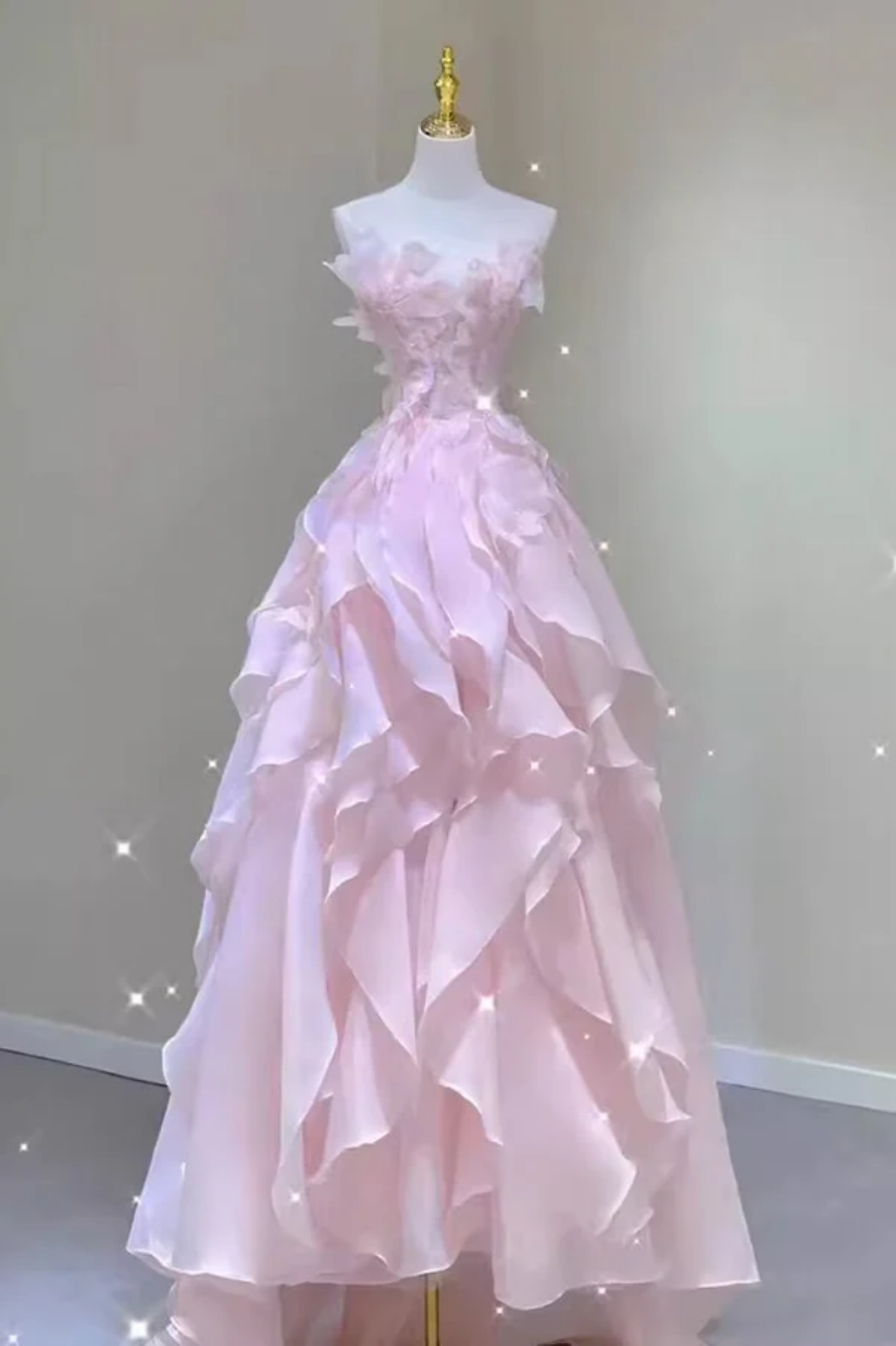 Princess Strapless Long Ball Gown Pink Ruffle Prom Dress, Organza ...