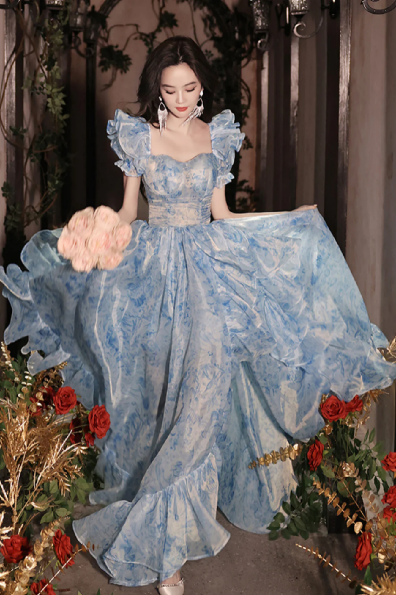 Pretty Light Blue Floral Short Sleeves Long Prom Dress, Light Blue ...