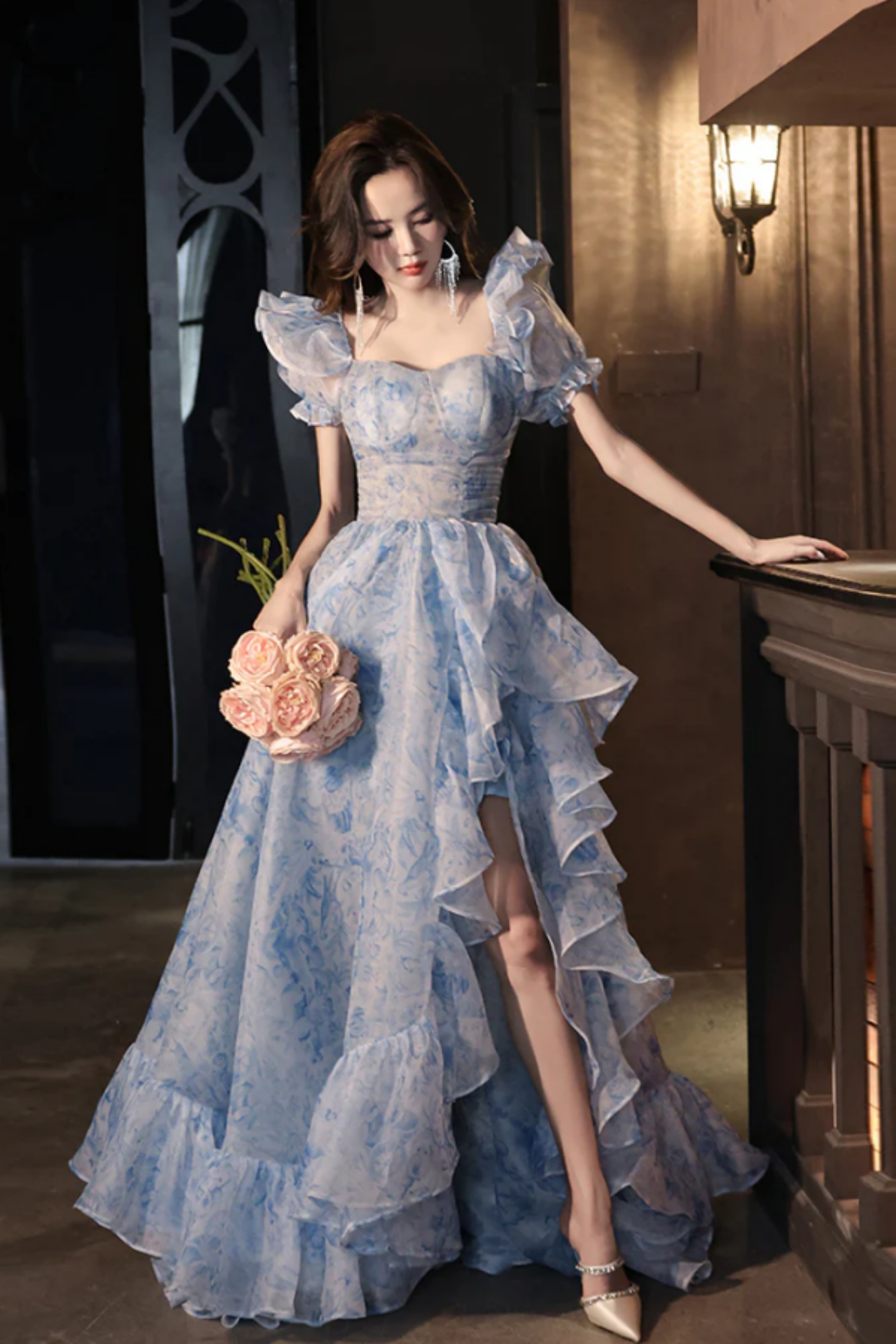 Pretty Light Blue Floral Short Sleeves Long Prom Dress, Light Blue ...