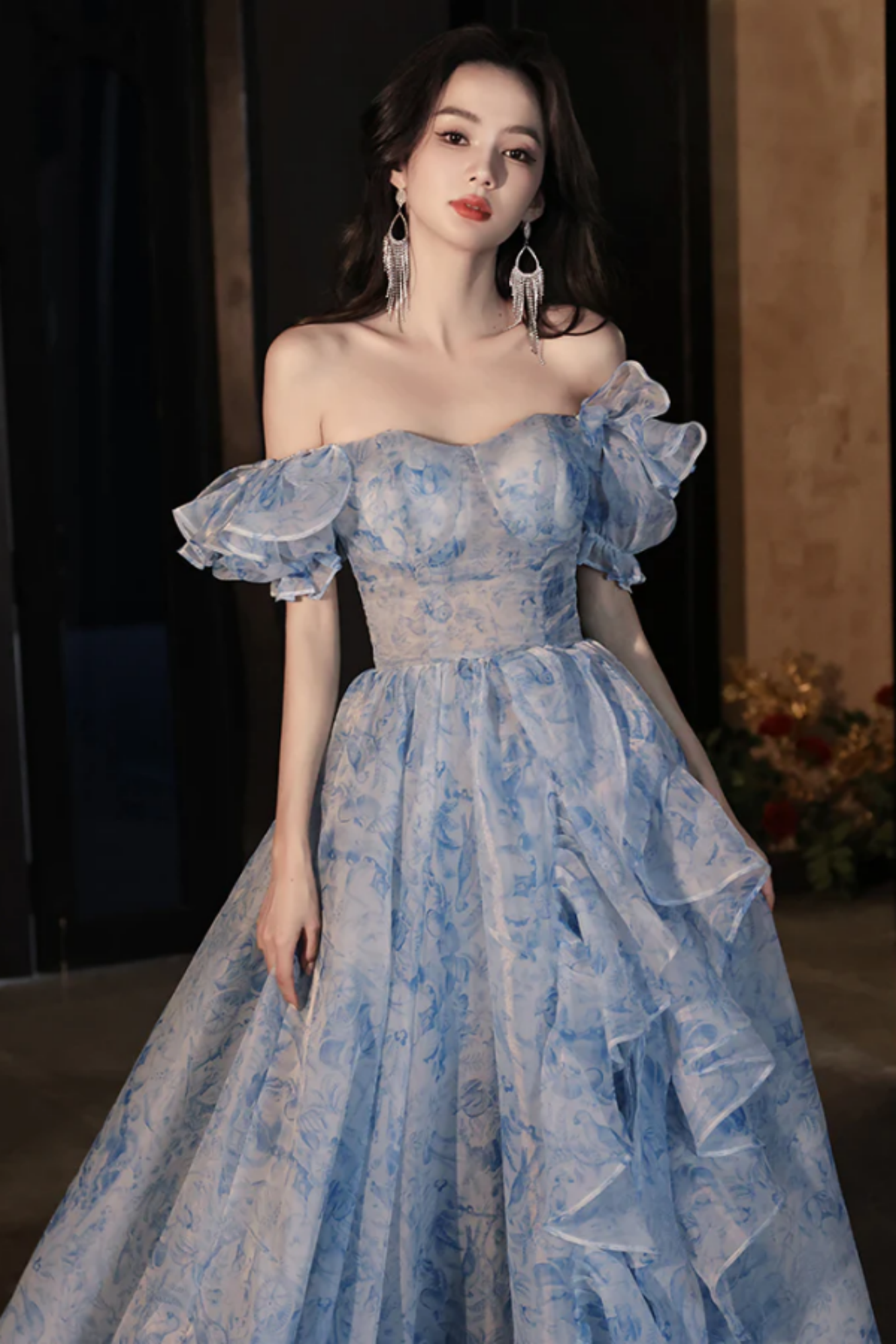 Pretty Light Blue Floral Short Sleeves Long Prom Dress, Light Blue ...