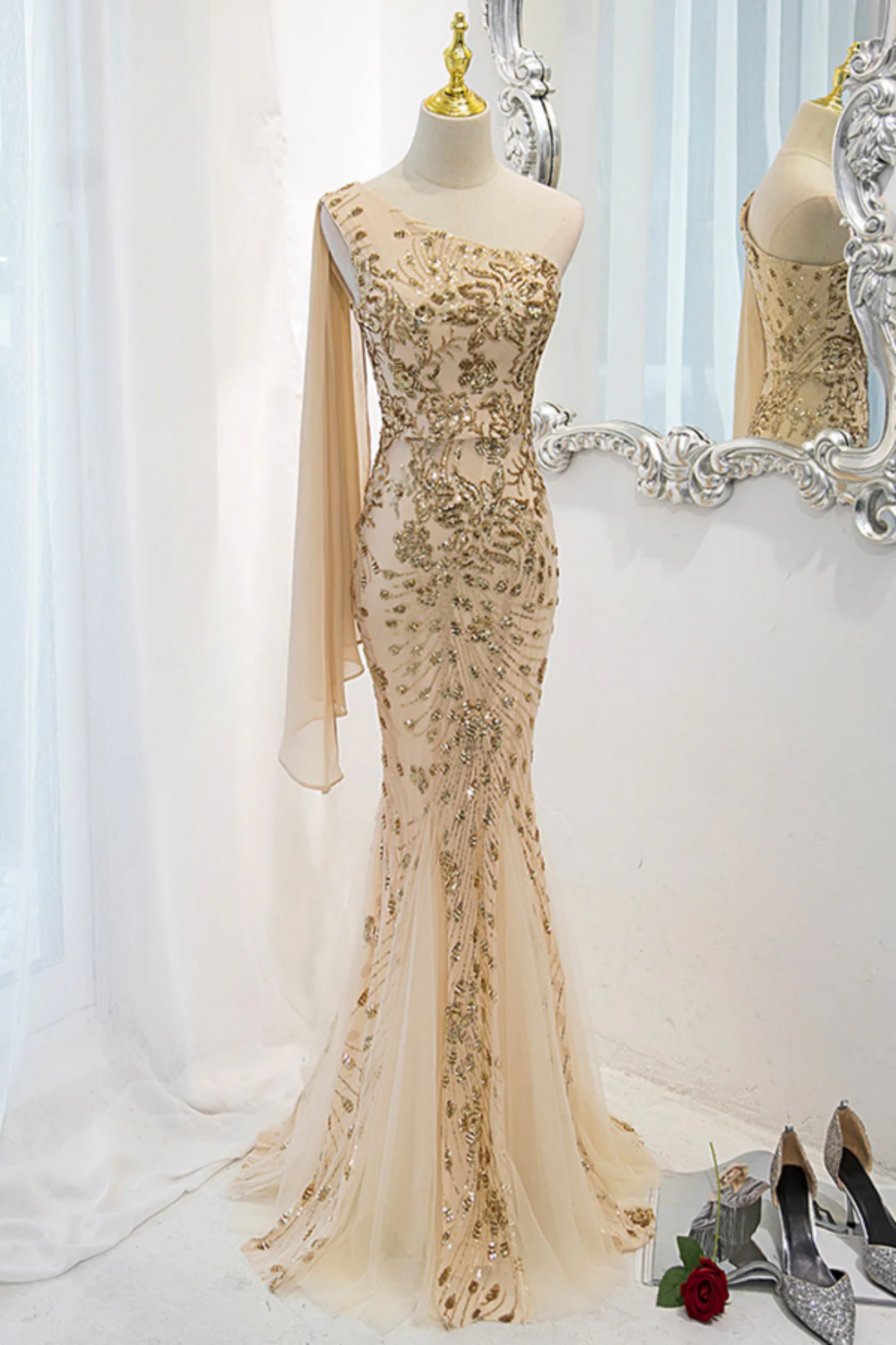 Champagne Mermaid Long Party Dress, Champagne Sequins Prom Dress on Luulla