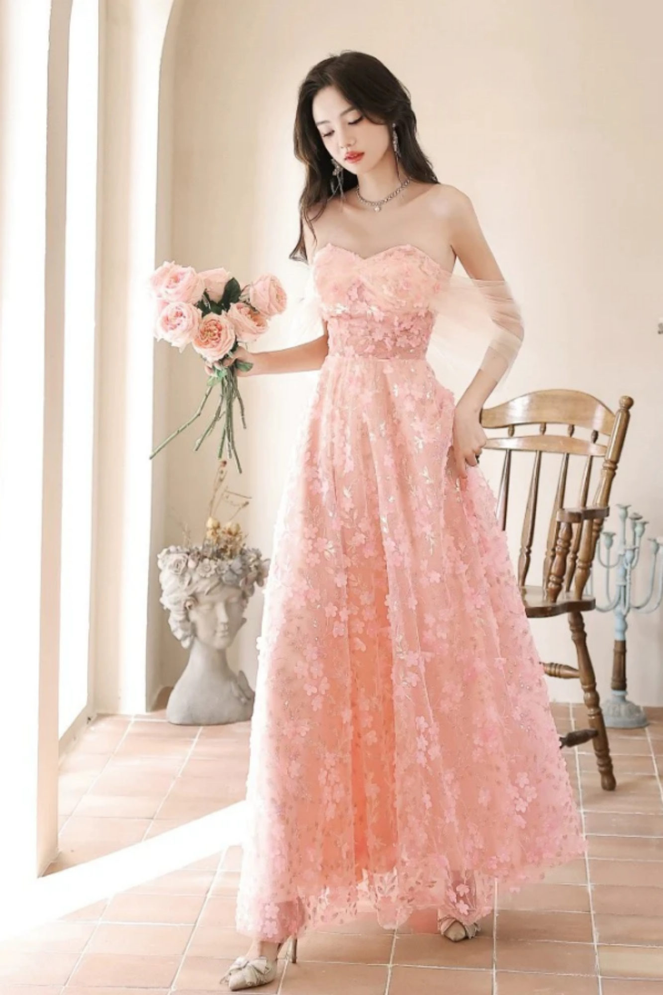 A Line Off Shoulder Tulle Lace Pink Long Prom Dress, Pink Long Formal ...