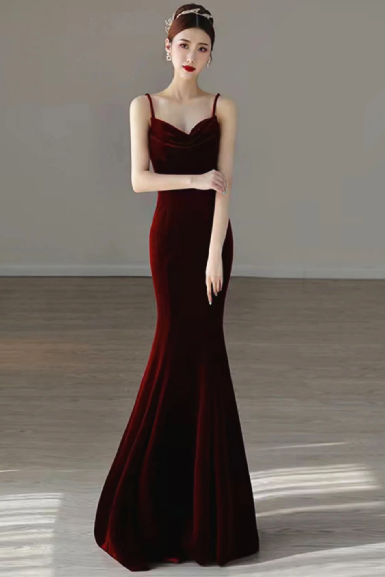 Wine Red Velvet Straps Low Back Long Prom Dress, Wine Red Party Dress ...