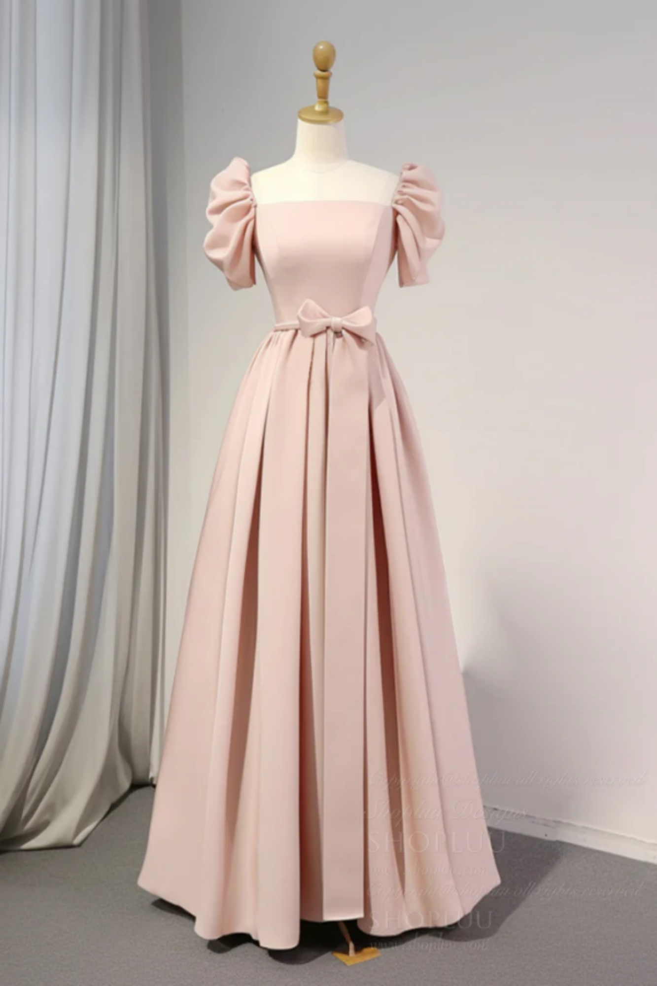 A Line Puff Sleeves Satin Pink Long Prom Dress, Pink Long Bridesmaid ...