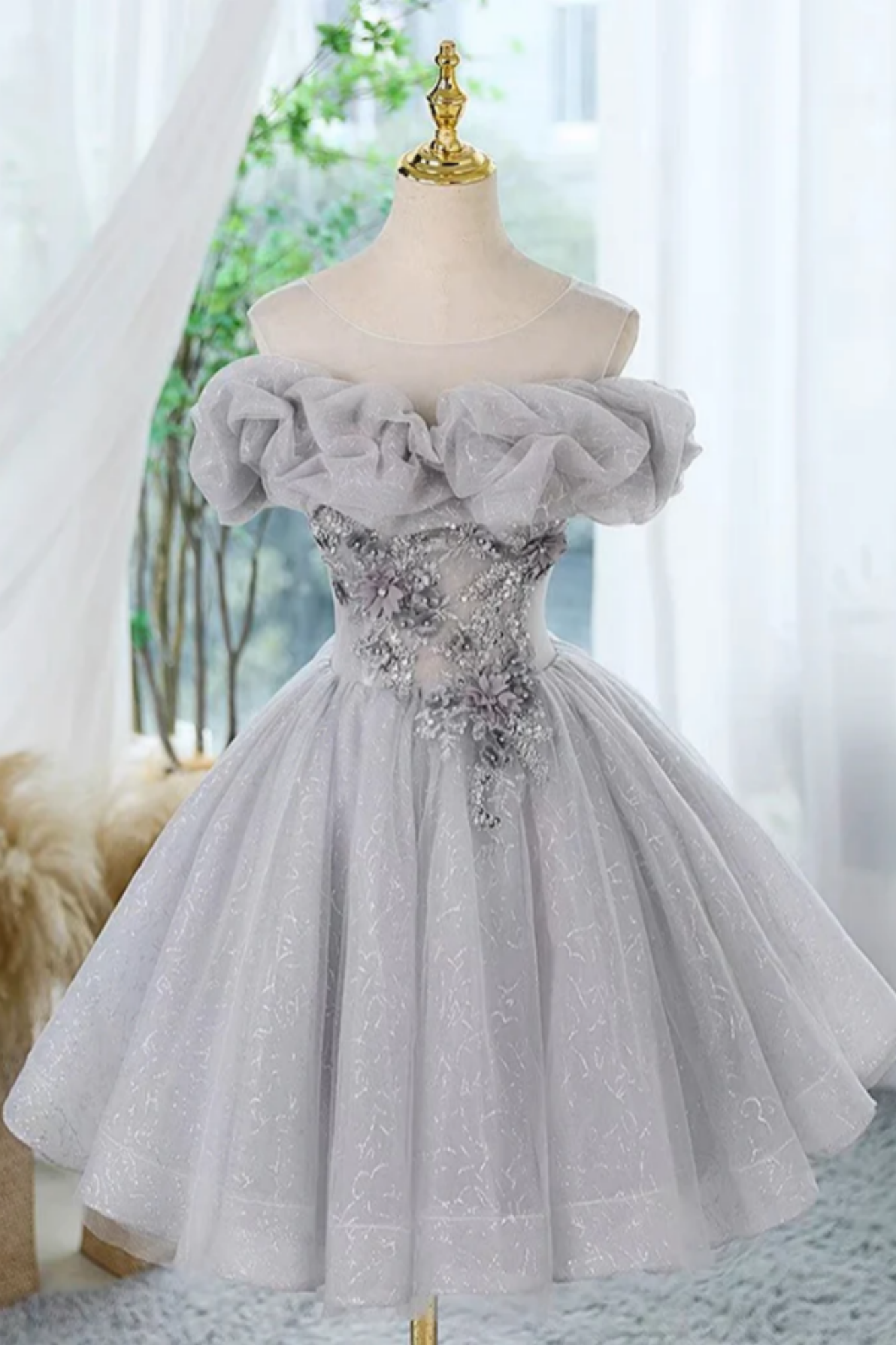 A Line Scoop Neckline Off Shoulder Tulle Gray Short Prom Dress With ...