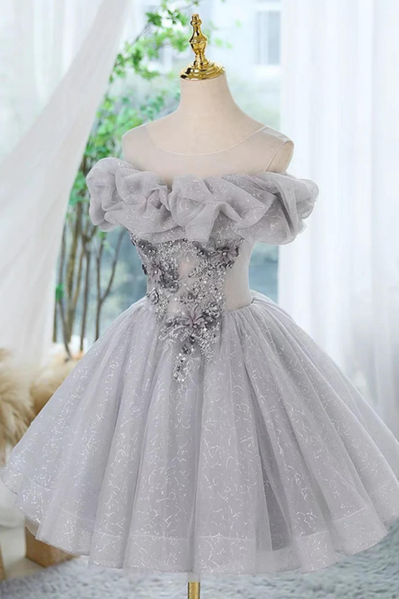 A Line Scoop Neckline Off Shoulder Tulle Gray Short Prom Dress With ...