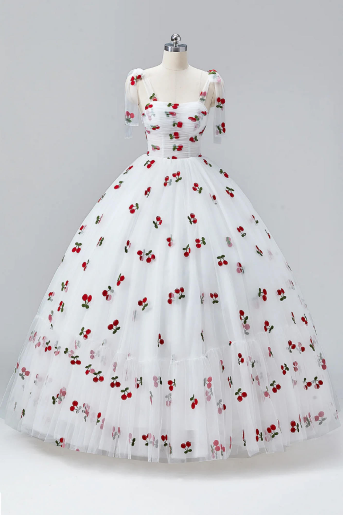 White Cherry Floor Length Prom Dress, A Line Ruffle Tulle Spaghetti ...