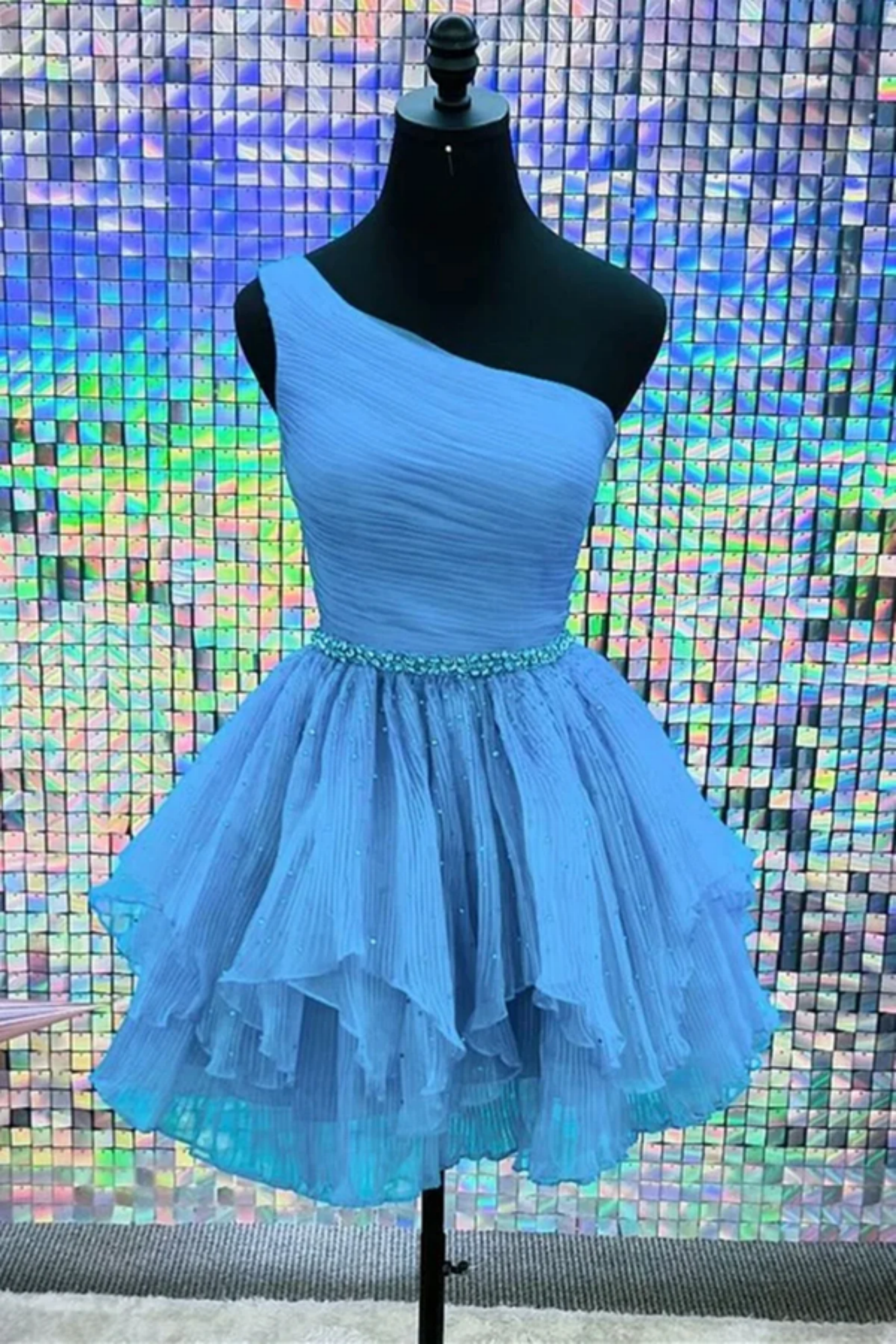 Shiny One Shoulder Blue Tulle Short Prom Dresses With Belt, Homecoming ...