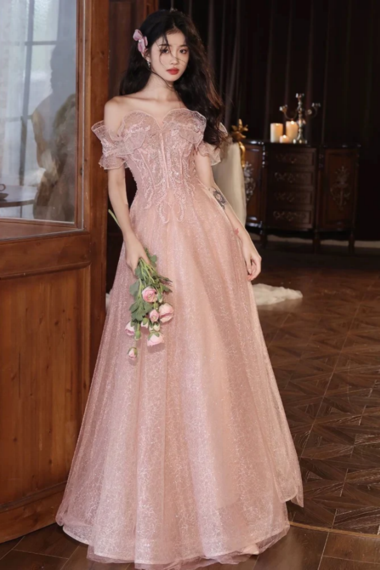 A Line Off Shoulder Tulle Sequin Pink Long Prom Dress, Pink Long Formal ...