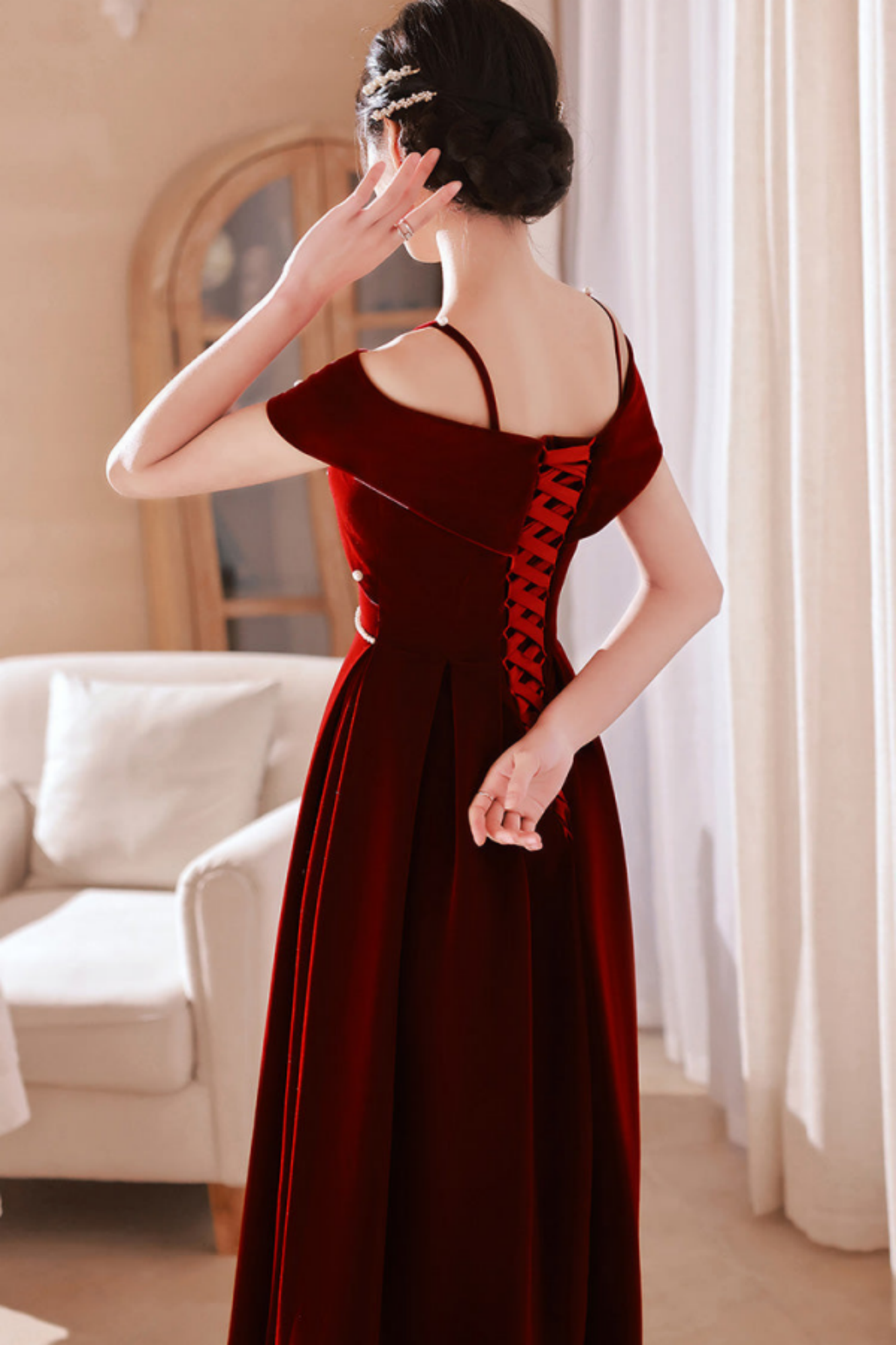 Wine Red Off Shoulder Straps Tea Length Formal Dress, Homecoming Dress ...